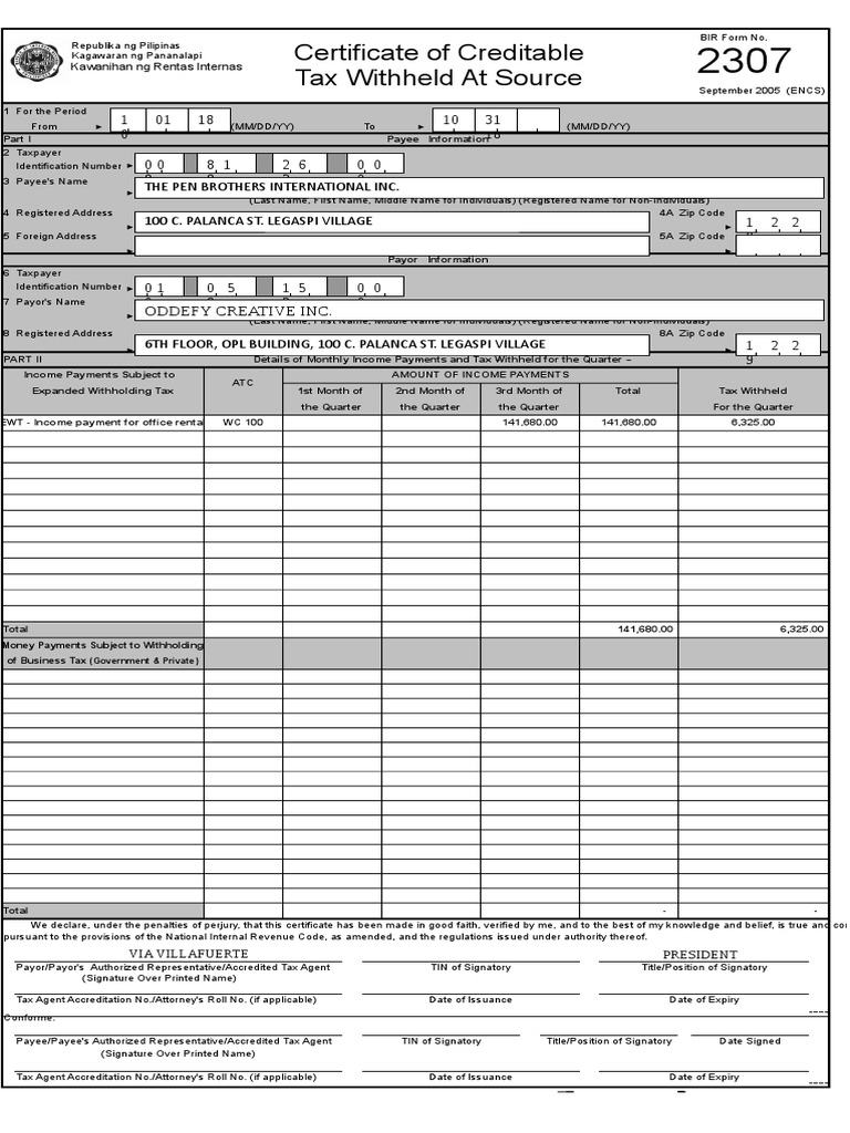 2307 Template | PDF | Withholding Tax | Corporate Tax