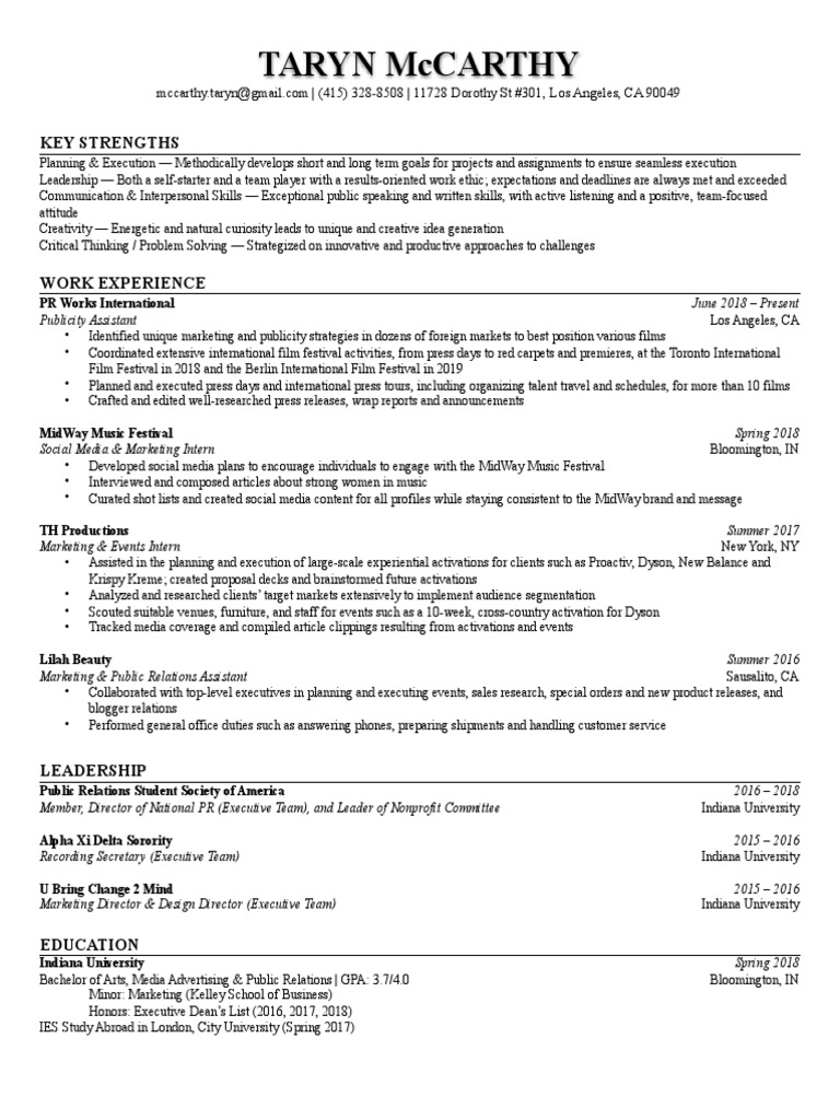 Taryn Mccarthy Resume 2019 | PDF | Public Relations | Indiana ...
