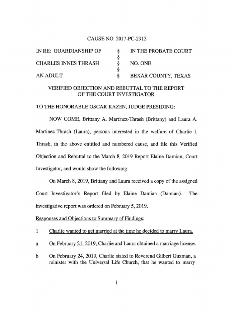 Verified Objection and Rebuttal to the Report of the Court Investigator