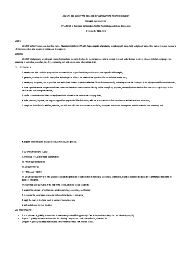 SYLLABUS in Business Mathematics For The Technology and Home Economics ...