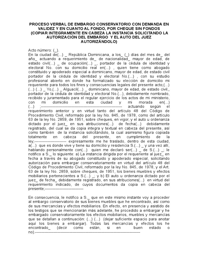 Proceso Verbal de Embargo Conservatorio Con Demanda en Valid | Cheque ...