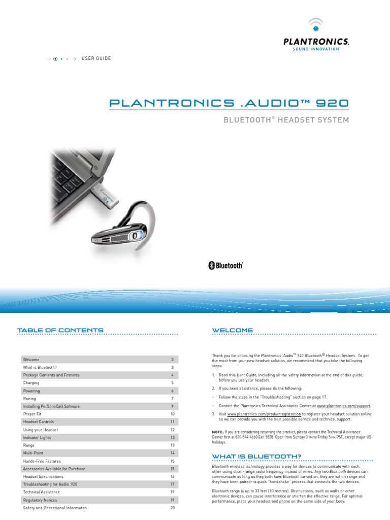 Plantronics .Audio 920: Bluetooth Headset System | PDF | Bluetooth | Usb