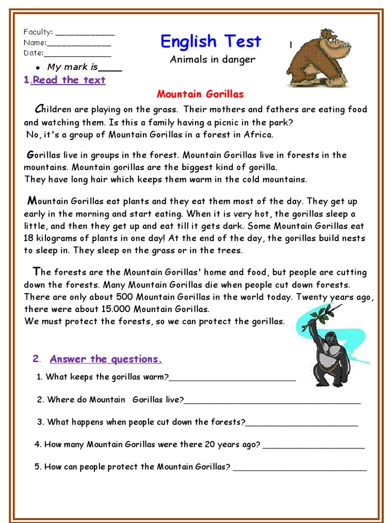 English Test: - Read The Text | PDF | Gorilla | Mouse