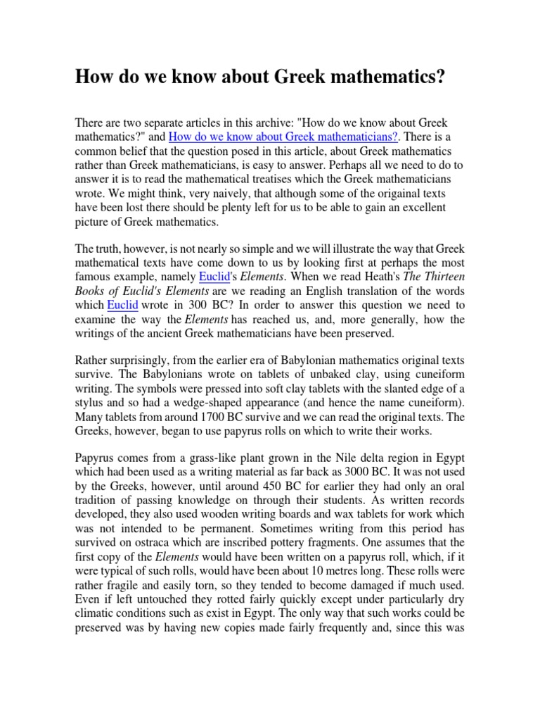 How Do We Know About Greek Mathematics | PDF | Codex | Papyrus