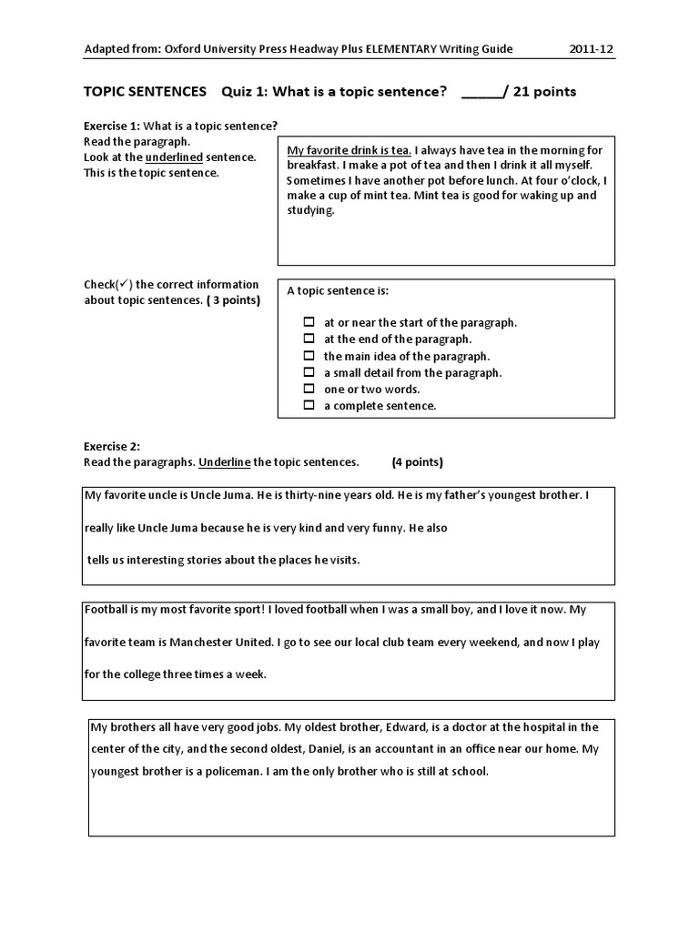 Topic Sentence Exercises and Quiz | PDF | Home & Garden