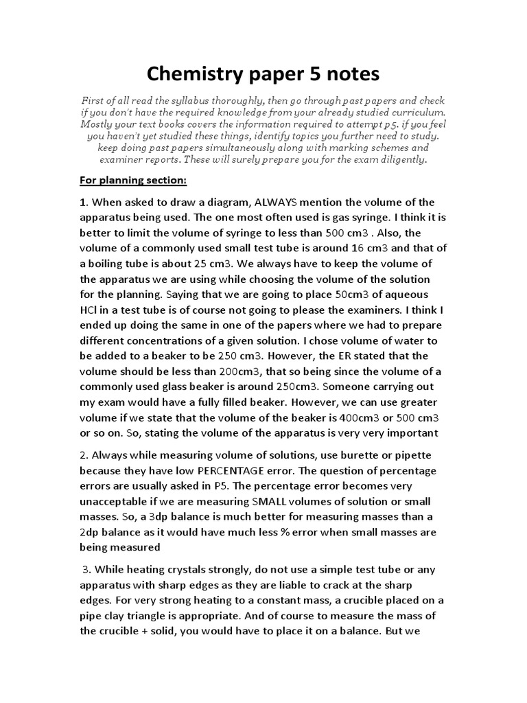 Chemistry Paper 5 Notes: For Planning Section | Download Free PDF ...