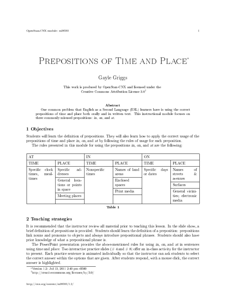 Prepositions of Time and Place 2 | PDF | Preposition And Postposition | English As A Second Or ...