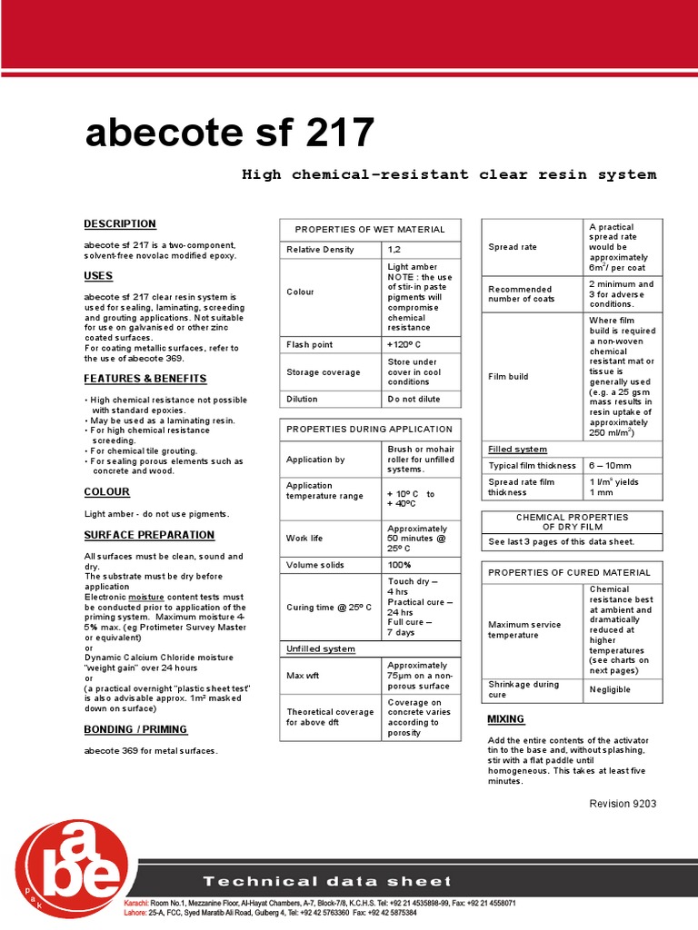 Abecote SF 217: High Chemical-Resistant Clear Resin System | PDF ...