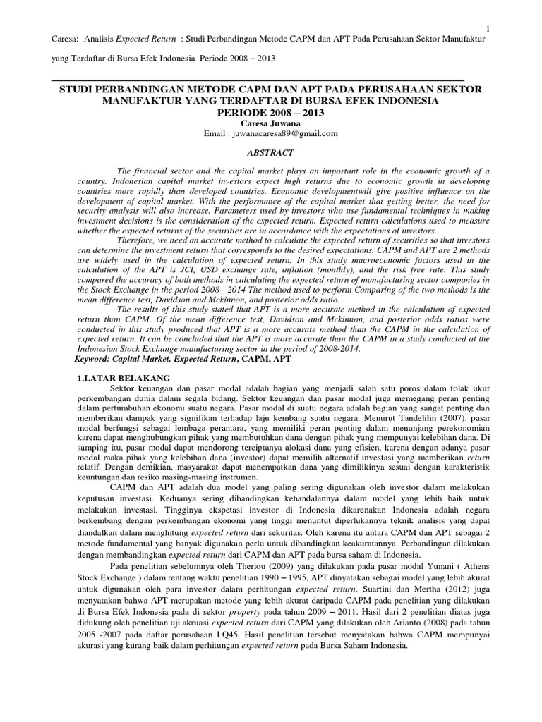 Studi Perbandingan Metode Capm Dan Apt Pada Perusahaan Sektor ...