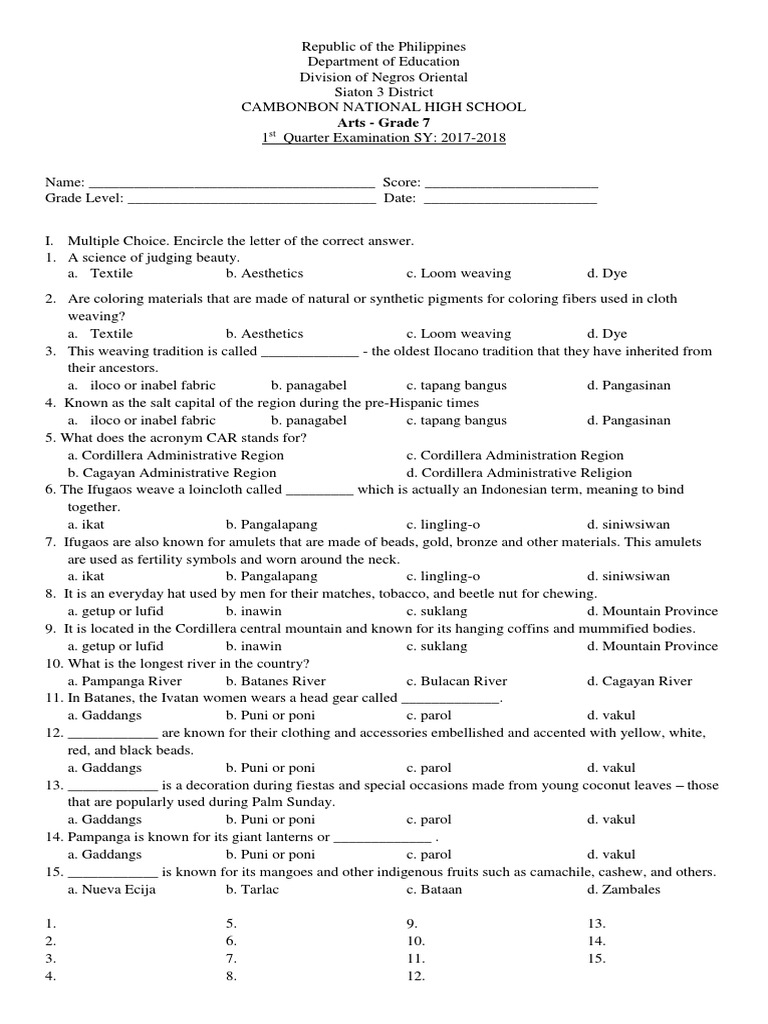 1ST Quarter Exam Arts 7 (Sy2017-2018) | PDF | Textiles | Weaving