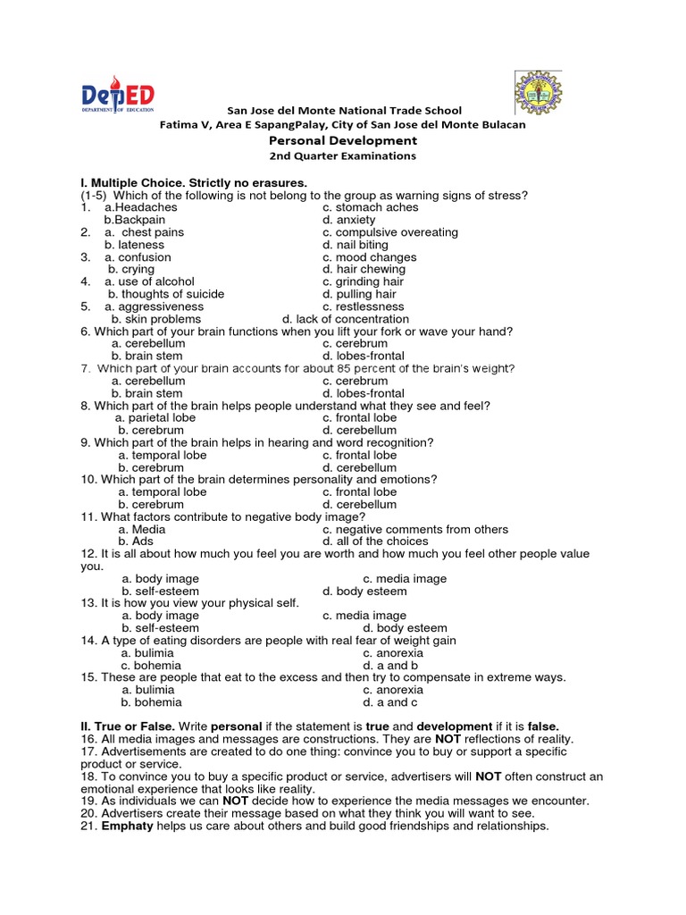 2nd Quarter Exam in Personal Development No Answer | PDF | Emotional ...