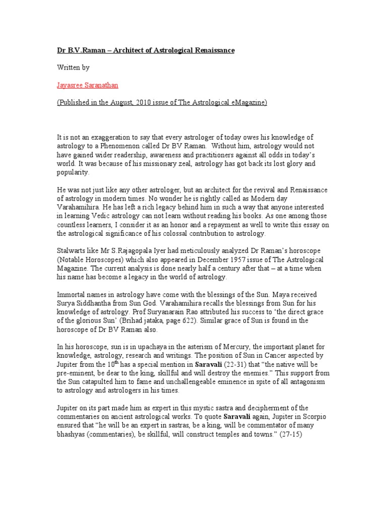 DR B.V.Raman, The Architect of Astrological Renaissance | PDF ...