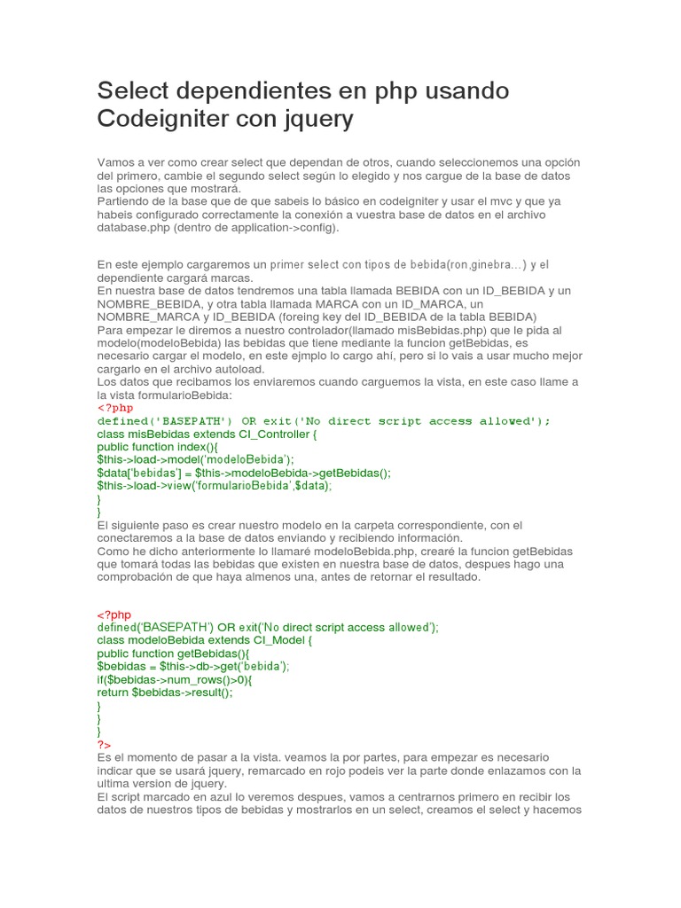 Select Dependientes En Php Usando Codeigniter Con Jquery Pdf Tabla
