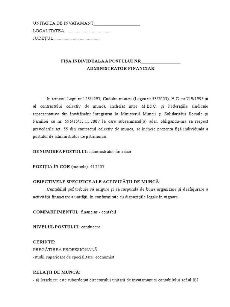 Fisa Postului Contabil Sef Invatamant | PDF