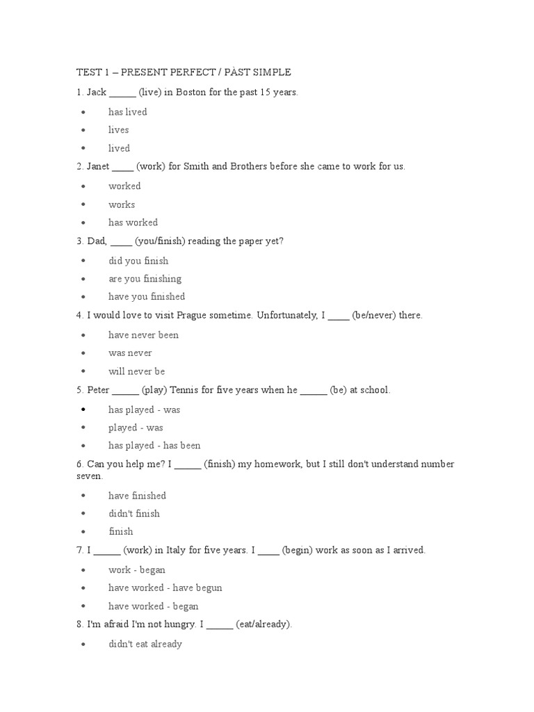 Present Perfect - Past Simple - TEST | PDF | Leisure