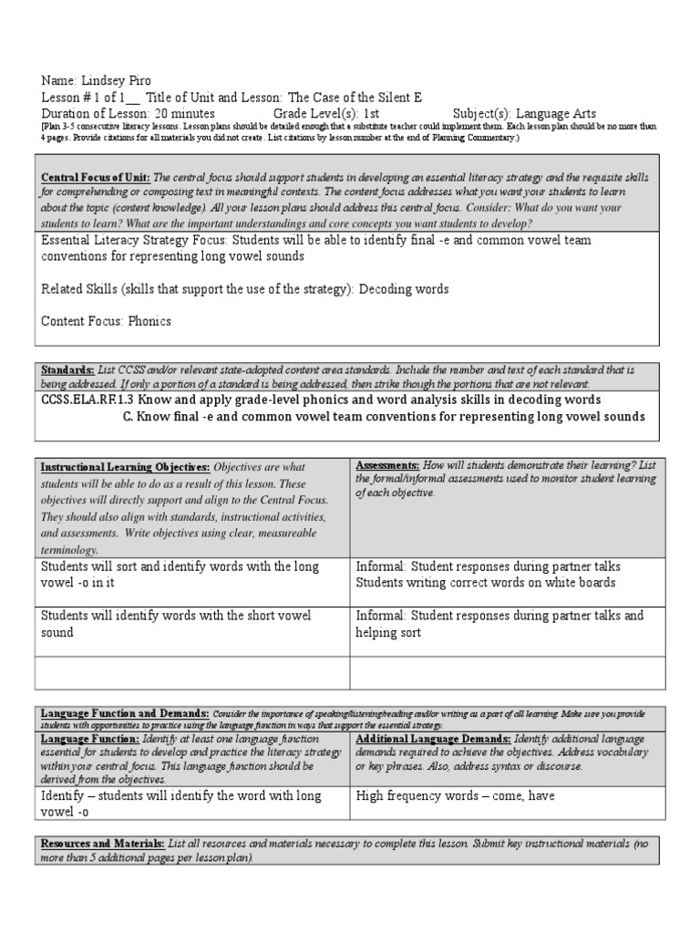 Silent E Phonics Lesson Plan for 1st Grade | PDF | Phonics | Lesson Plan
