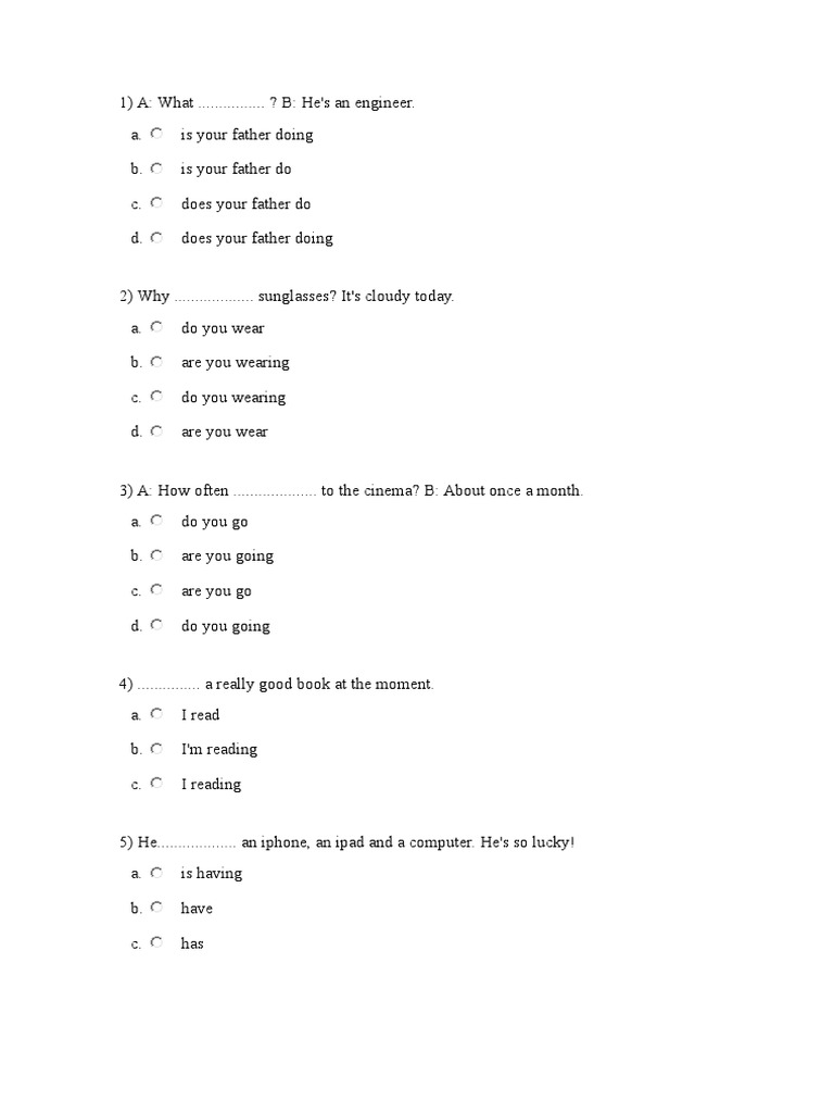 Present Simple & Continuous QUIZ 1 | PDF | Leisure