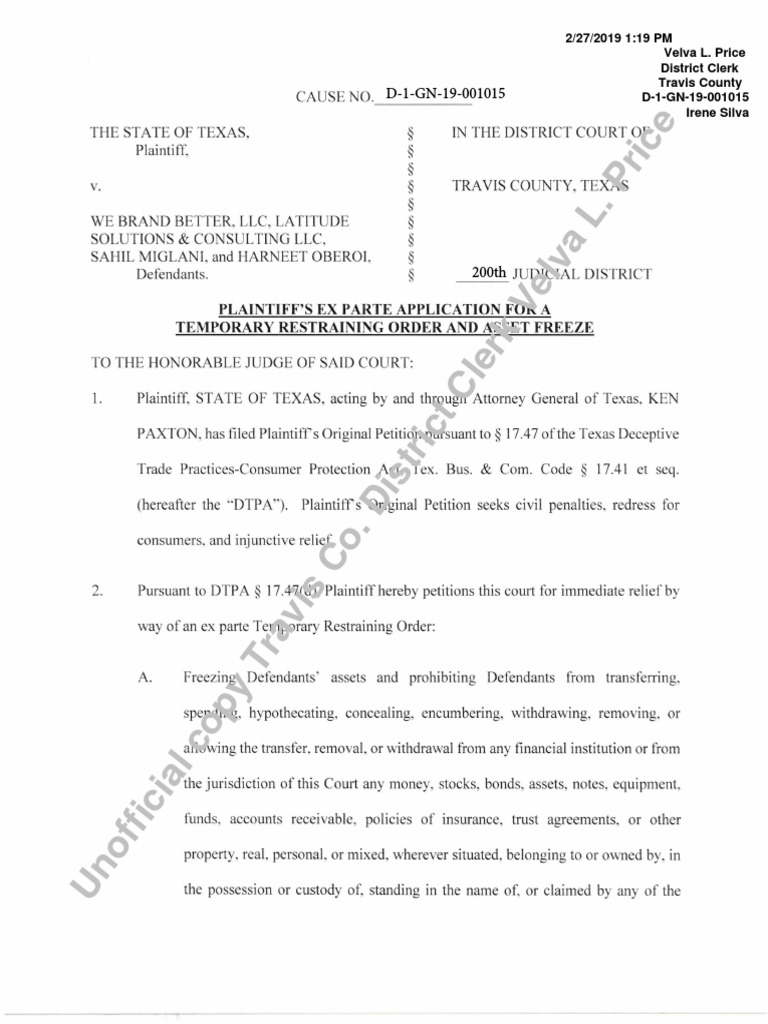 Application For Restraining Order and Asset Freeze | PDF | Computer ...