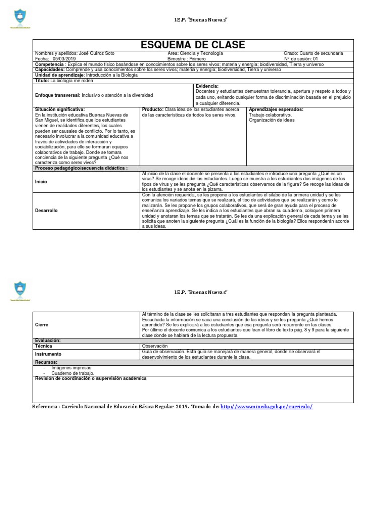 Esquema de Clase 01 - CYT - Cuarto Secundaria 2019 | PDF | Maestros | Biodiversidad