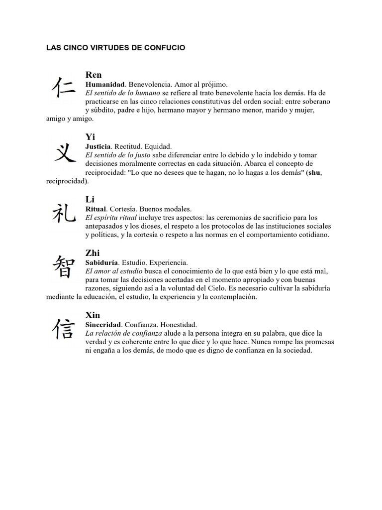Las cinco virtudes de Confucio: Ren, Yi, Li, Zhi, Xin | PDF