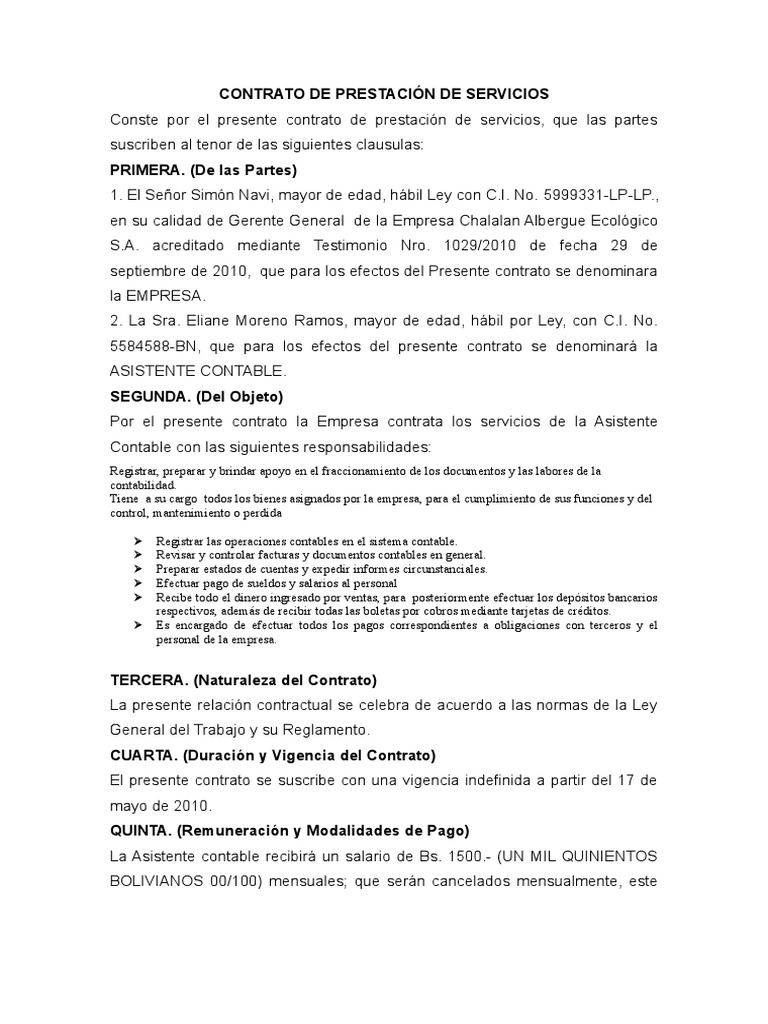 CONTRATO LABORAL Asistente Contable La Paz Bolivia. | PDF | Contabilidad | Salario