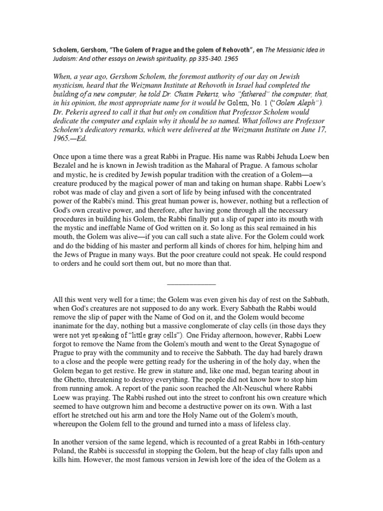 Scholem, The Golem of Prague and The Golem of Rahovoth | PDF | Kabbalah ...
