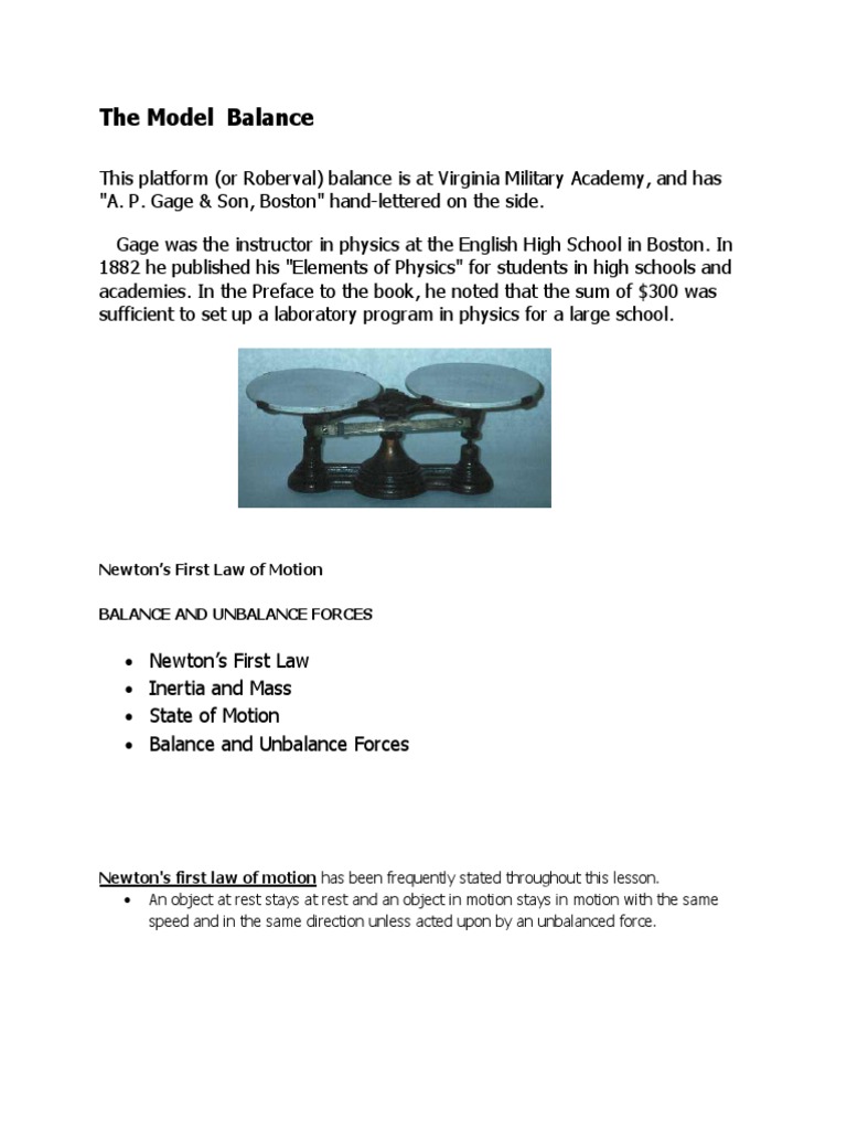 The Model Balance: Newton's First Law Inertia and Mass State of Motion ...