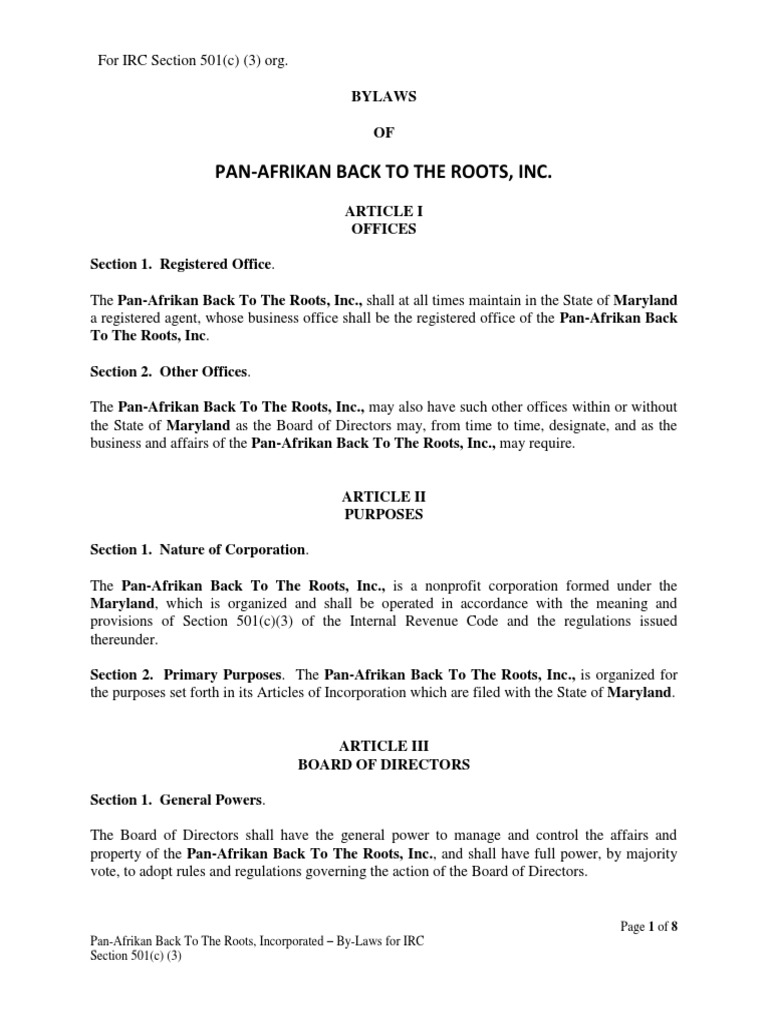 Pan-Afrkian Back To The Roots Inc By-Laws For Irc Section 501 | PDF ...