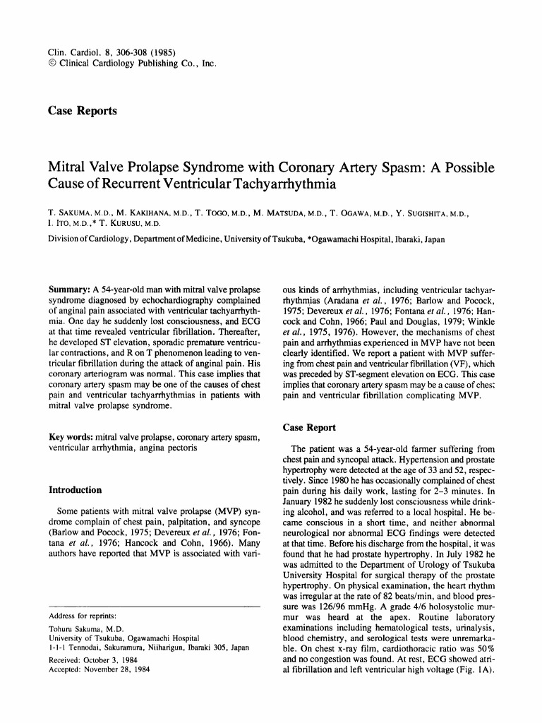 Mitral Valve Prolapse Syndrome With Coronary Artery Spasm: Possible ...