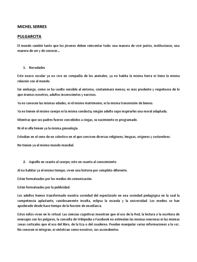 Resumen Pulgarcita Michel Serres | PDF | Adultos | Educación avanzada