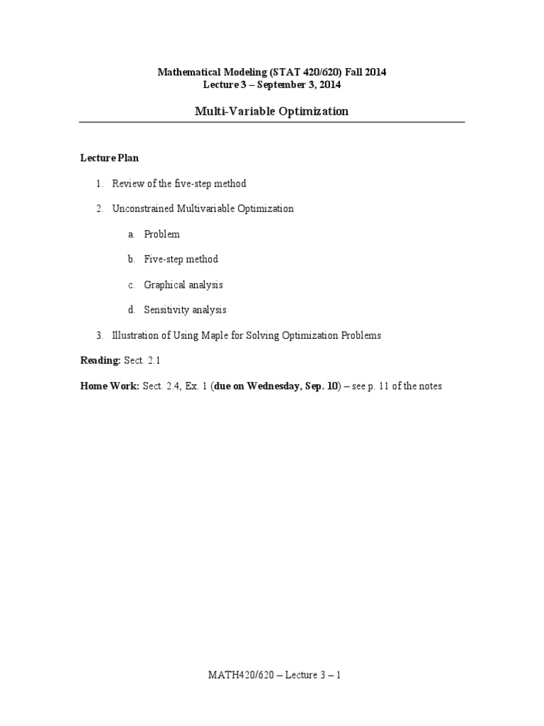 Multi-Variable Optimization: Mathematical Modeling (STAT 420/620) Fall 2014 Lecture 3 ...