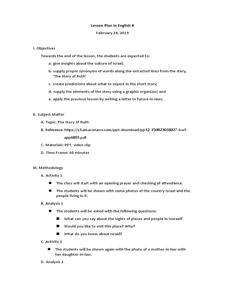 Lesson Plan in English 8 STORY OF RUTH | PDF | Lesson Plan | Behavior ...
