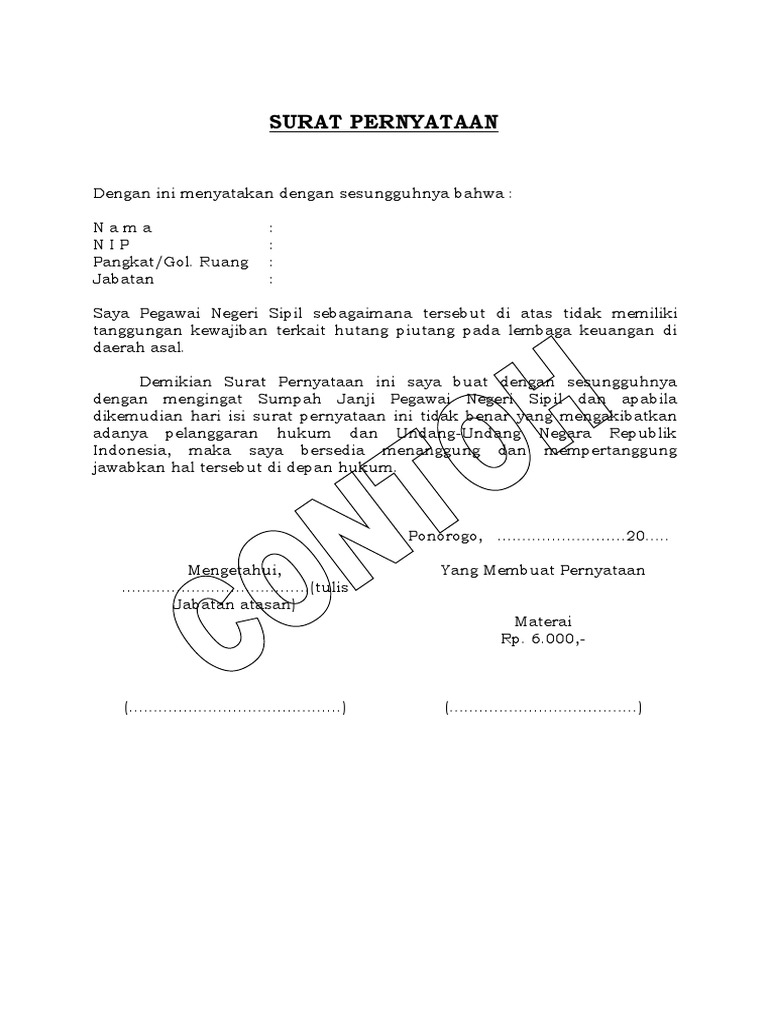 Formulir Surat Pernyataan Tidak Sedang Menghadapi Masalah Hutang ...