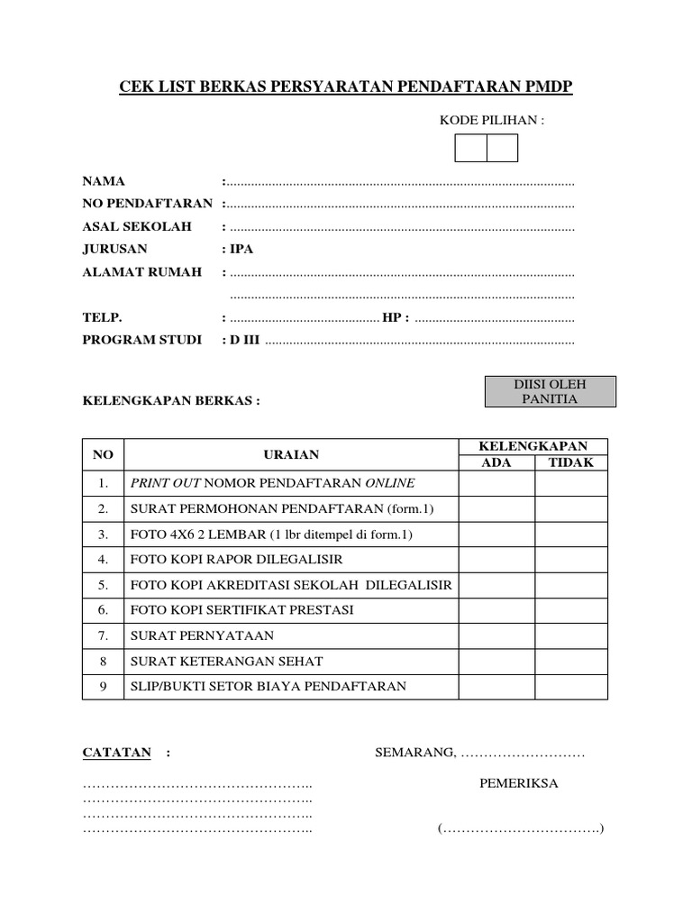 Form Checklist Berkas Pendaftaran | PDF