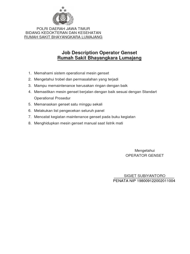 Jobdesc Operator Genset | PDF