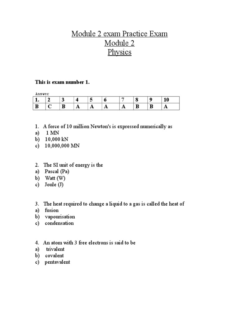 Module 2 Exam Practice Exam Physics: This Is Exam Number 1. 1. 2 3 4 5 ...