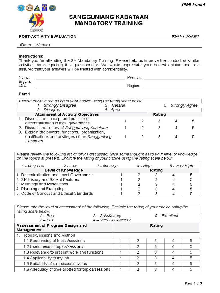 4 - SKMT - Post-Activity Evaluation Questionnaire Template | PDF ...