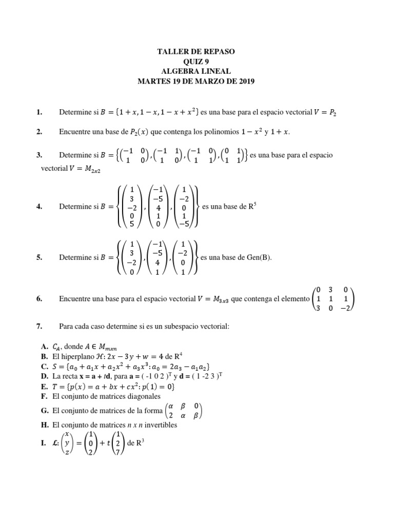 Algebra q9 t1 | PDF | Base (álgebra lineal) | Espacio