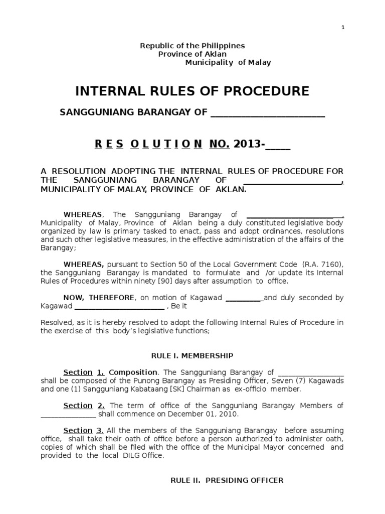 Barangay Internal Rules of Procedure | PDF | Quorum | Chairman