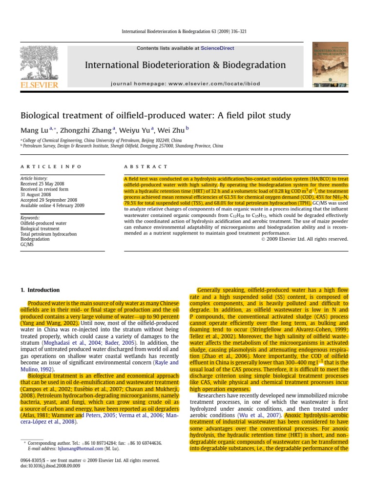 2009 Biological Treatment of Oilfield Produced | PDF | Gas ...
