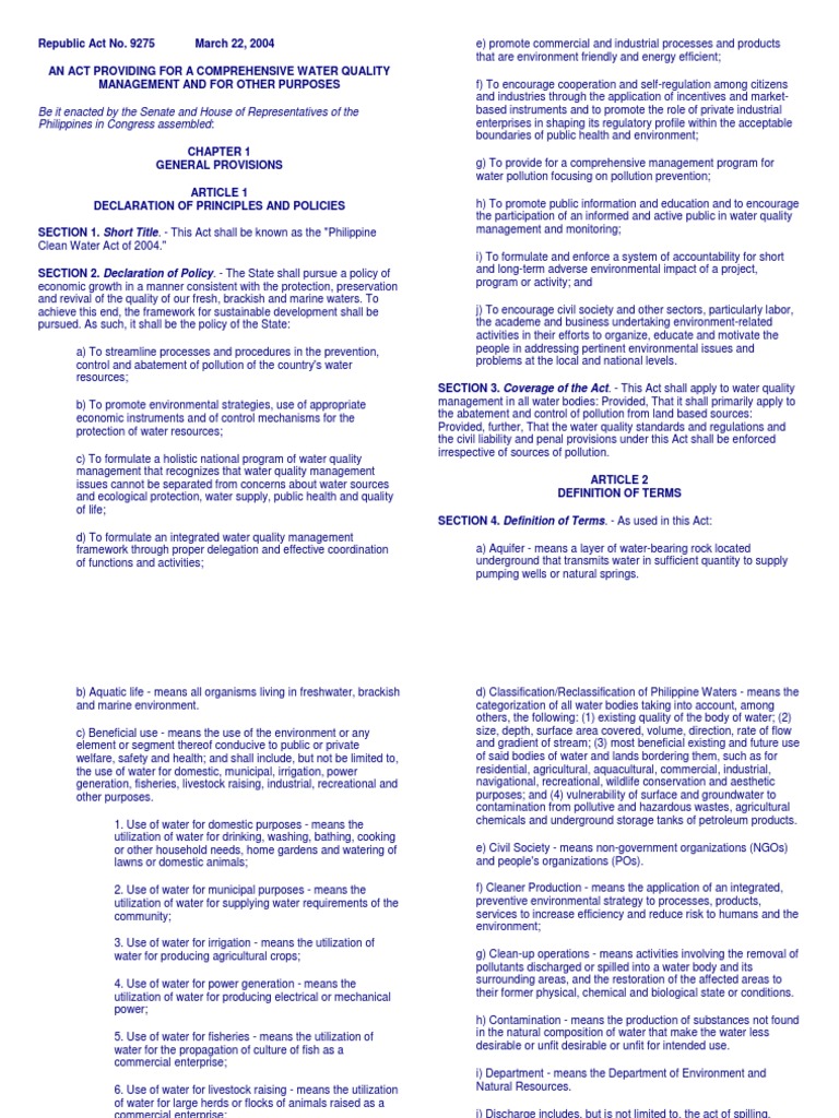 Republic Act No. 9275 | PDF | Groundwater | Water Pollution