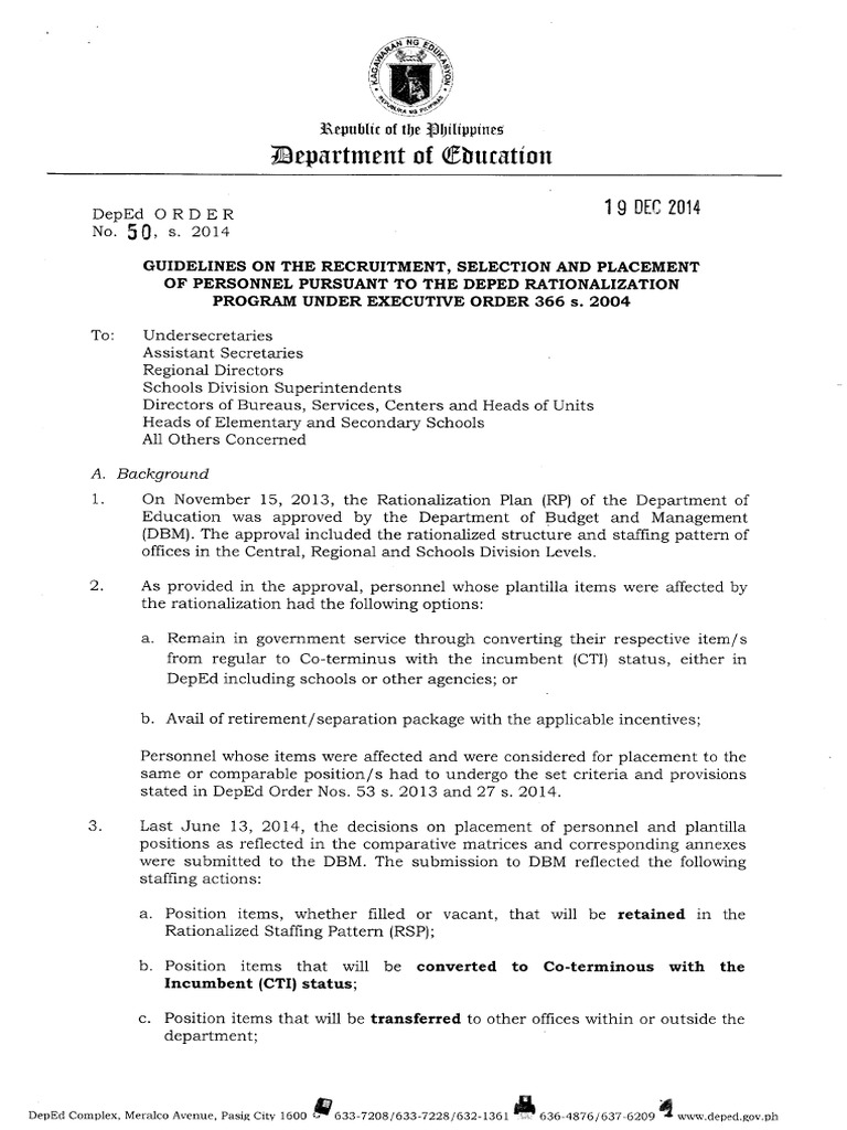 DepEd Order 50, S. 2014 | PDF