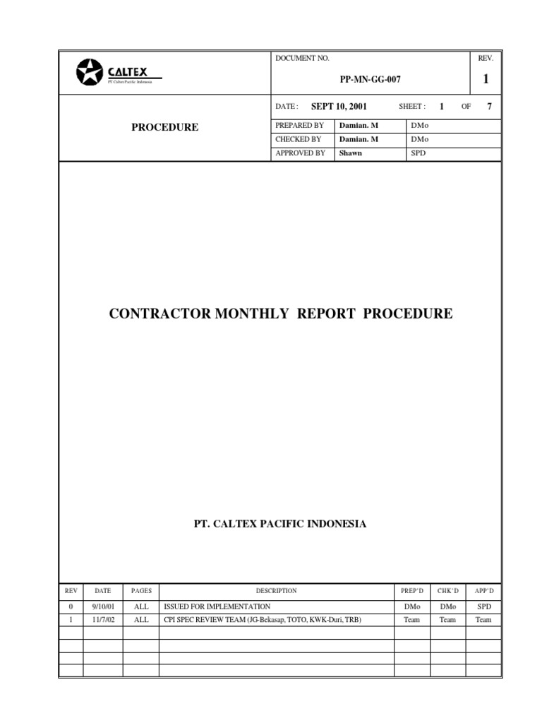 Contractor Monthly Report Procedure | PDF | Specification (Technical ...