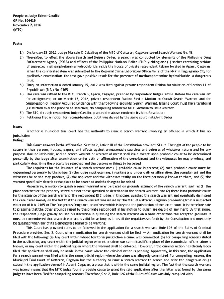 1.) People Vs Judge Edmar Castillo | PDF | Search And Seizure | Search ...