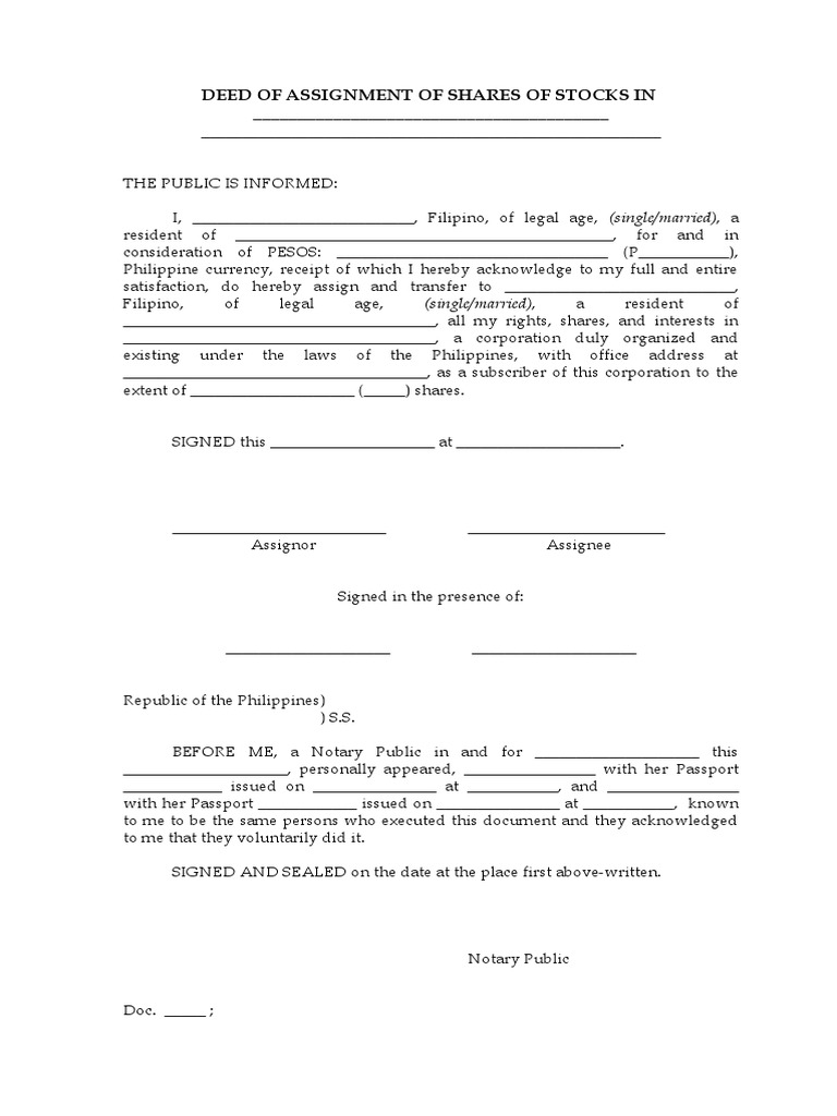 Deed of Assignment of Shares of Stock | PDF | Assignment (Law) | Civil ...