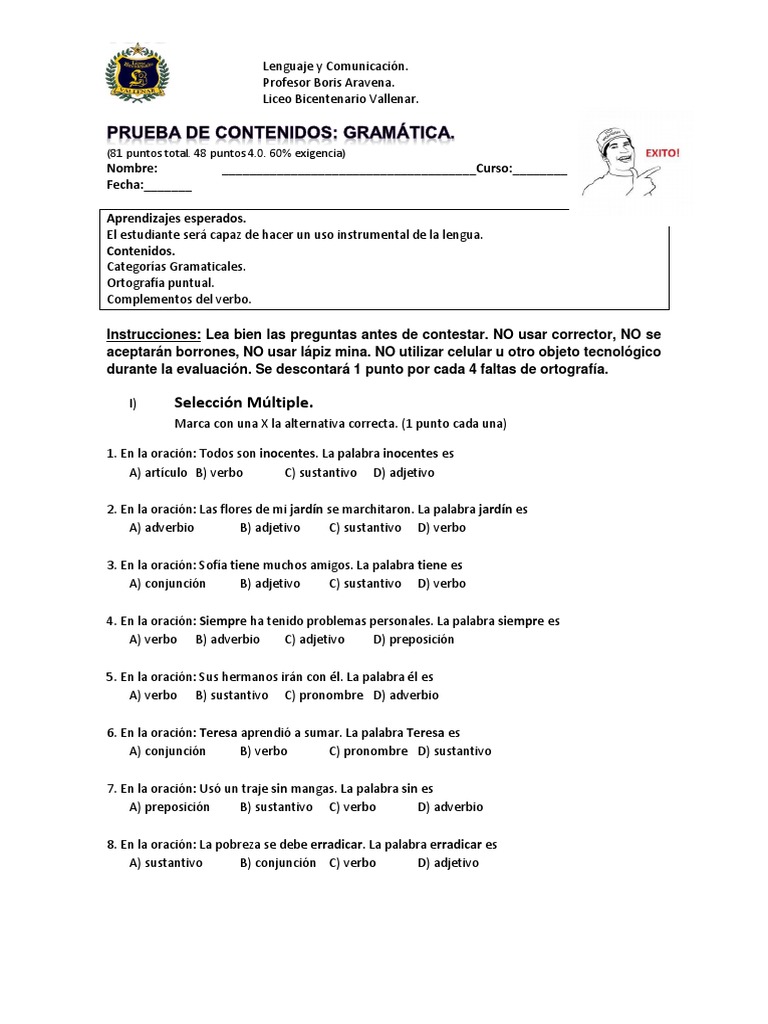 Prueba de Gramática | Descargar gratis PDF | Palabra | Verbo