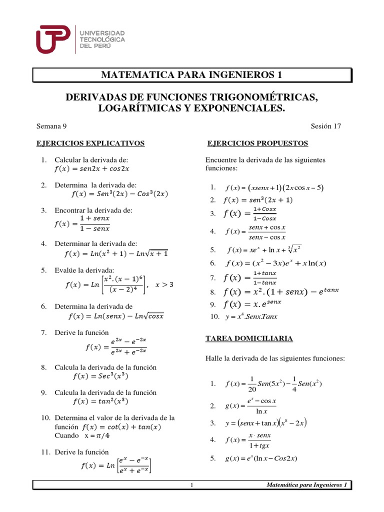 SEPARATA Semana 9 Ses 17 Derivada Trigo Expon y Logarit PDF | PDF | Derivado | Funciones y mapeos