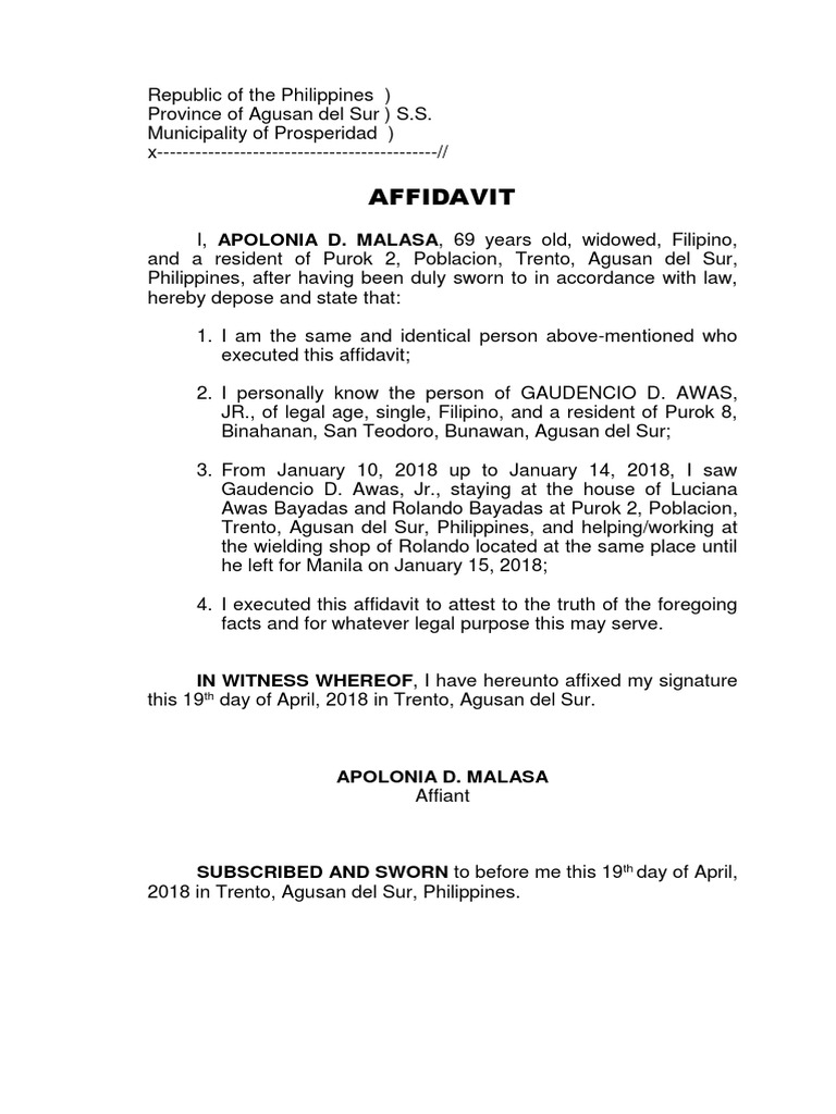 Affidavit: IN WITNESS WHEREOF, I Have Hereunto Affixed My Signature | PDF