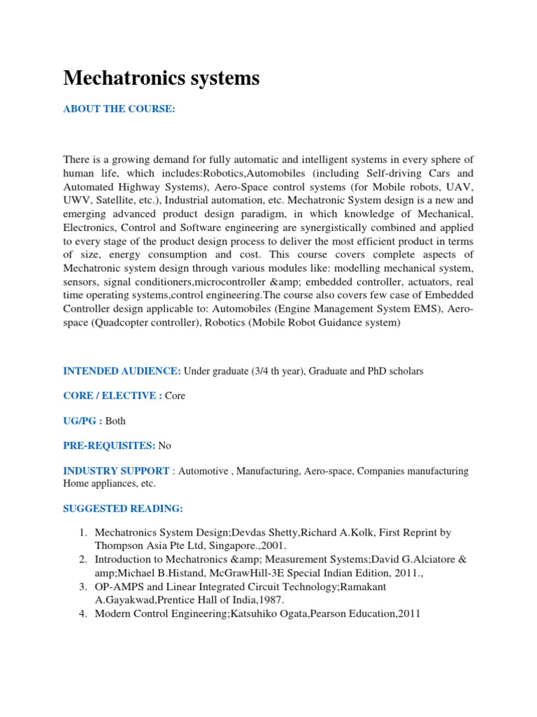 Mechatronics Systems: About The Course | PDF | Technology & Engineering