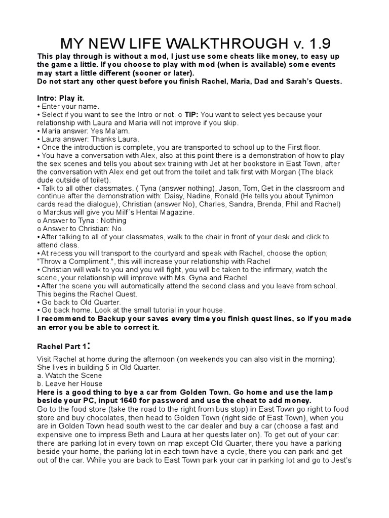 My New Life Main Quests Walkthrough v. 1.9 | PDF | Business